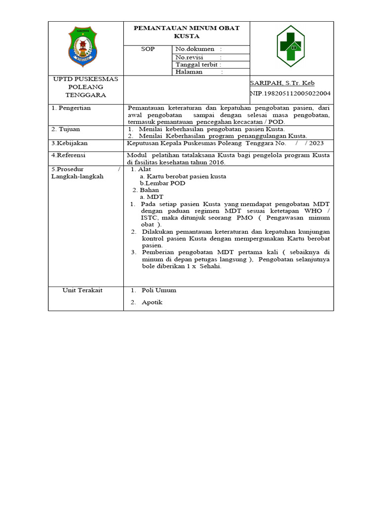 Sop Pemantauan Minum Obat Kusta | PDF | Kesehatan Holistik