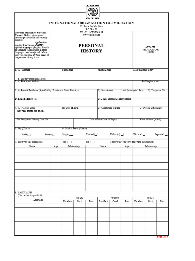 IOM Personal History Form Template | PDF | Employment | Bail