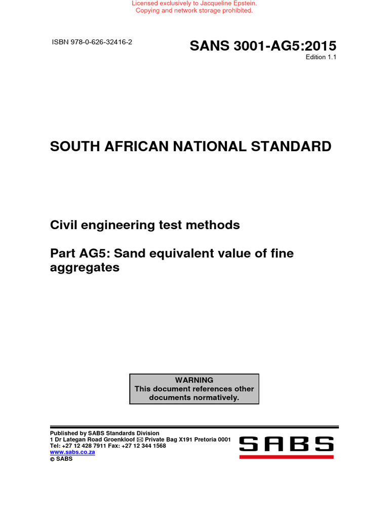 SANS 3001-AG5 2015 Sand Equivalent of Fine Aggregate | PDF | Water Purification