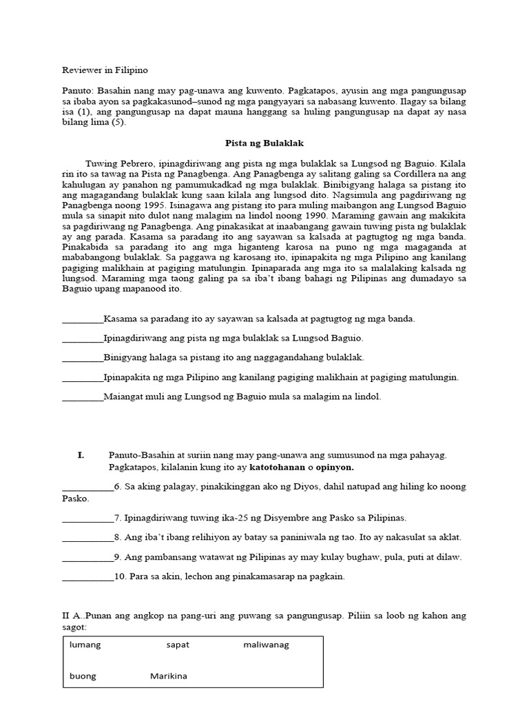 Reviewer in Filipino 5 Q3 | PDF