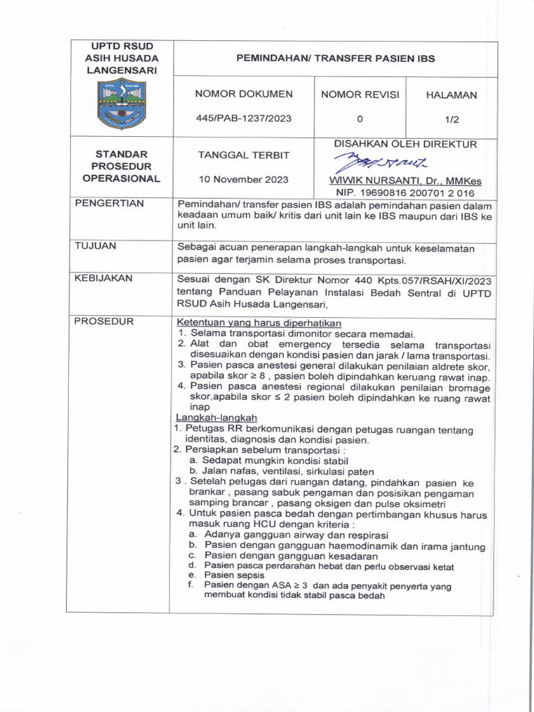 Pemindahan Atau Transfer Pasien Ibs | PDF