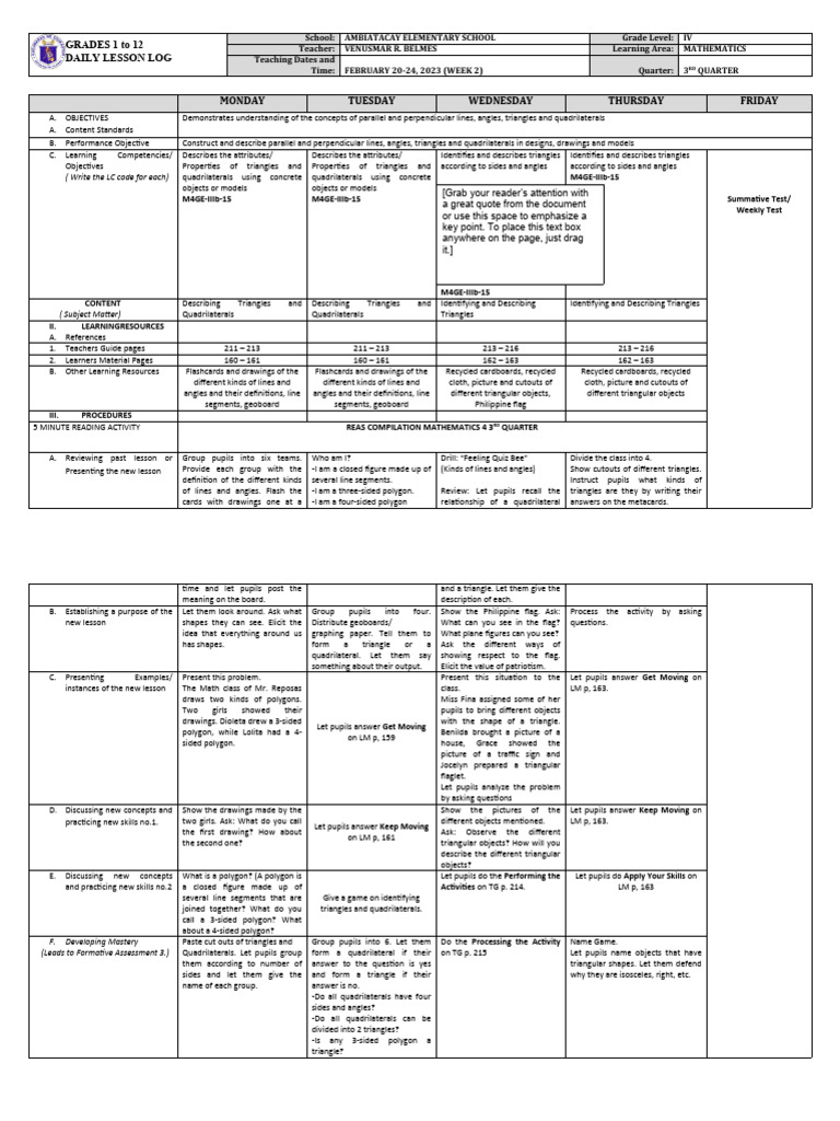 DLL - Mathematics 4 - Q3 - W2 | PDF