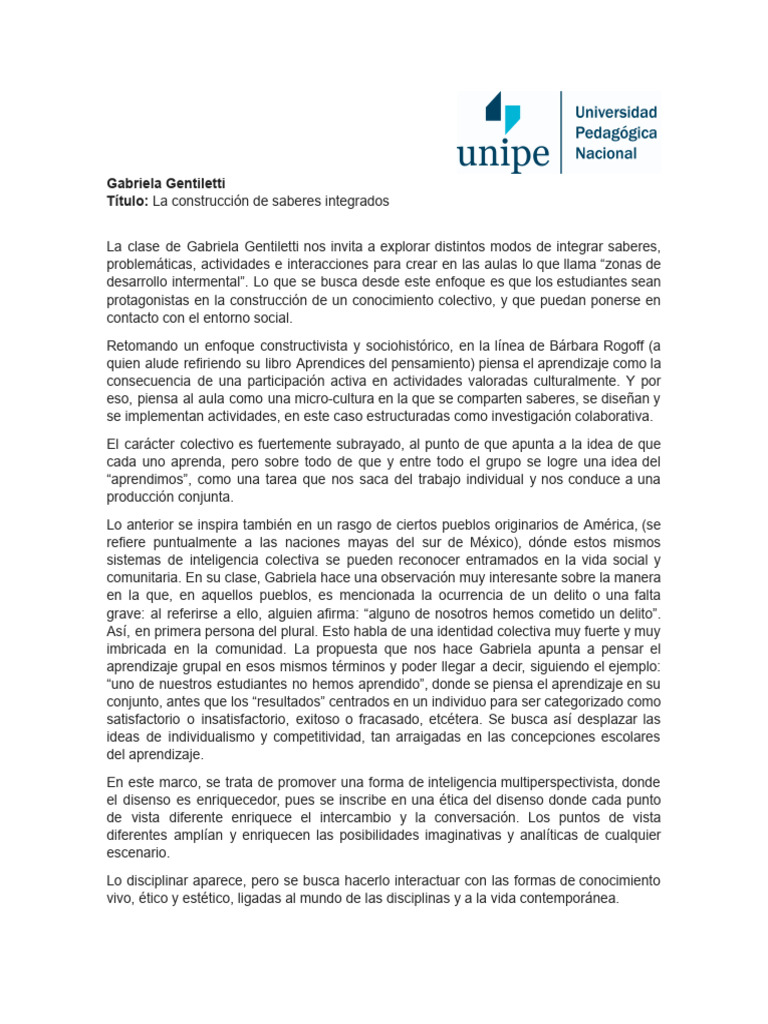 B3 Gabriela Gentiletti La Construcción de Saberes Integrados | PDF | Aprendizaje | Enseñando