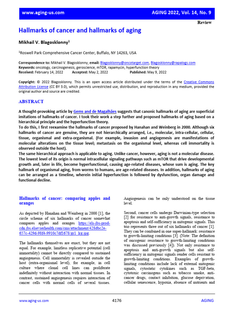 Hallmarks of Cancer and Aging - Blagosklonny | PDF | Metastasis ...