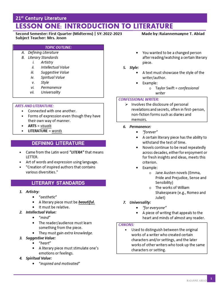21st Century Lit. Notes | PDF | Poetry