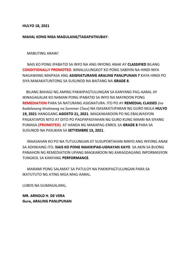 Sulat para Sa Mga Magulang NG Mga Mag-Aaral Na Kukuha NG Remedial ...