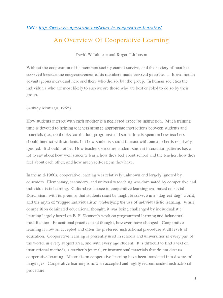 Johnson_Cooperative learning_Overview | PDF | Learning | Psychology