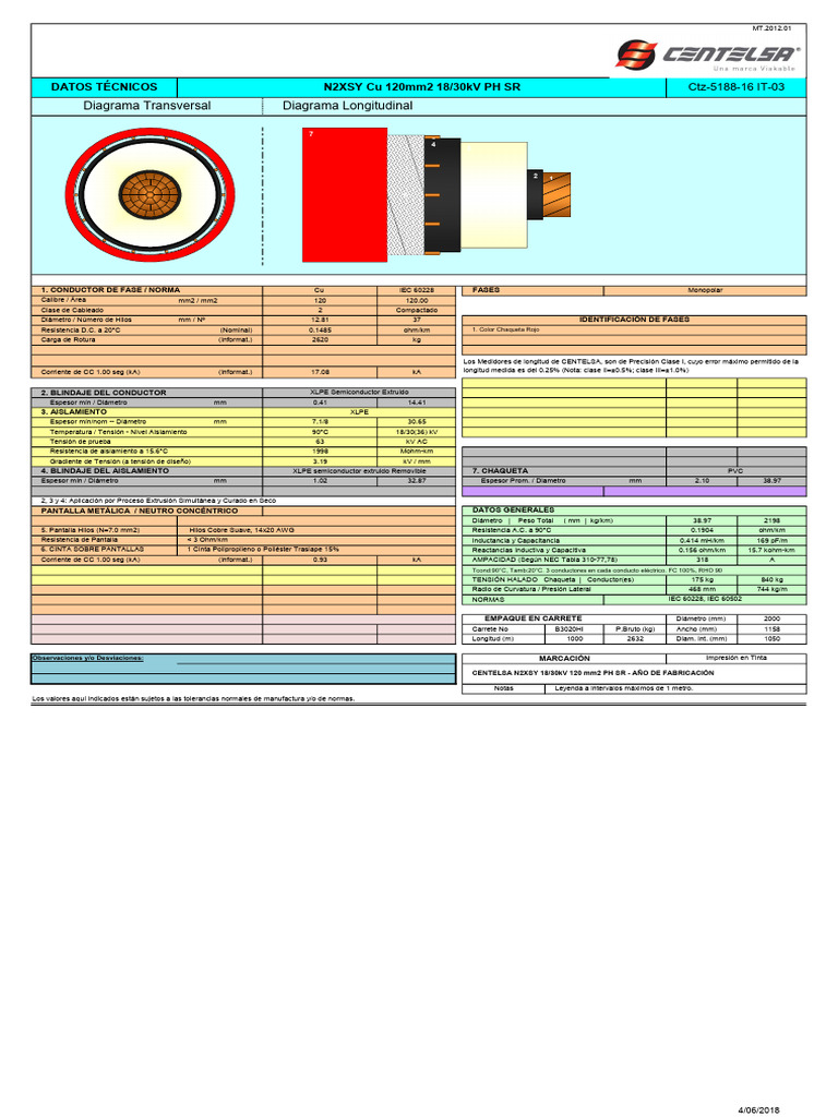 N2XSY Cu 120mm2 18-30kV PH SR | PDF | Resistencia Eléctrica y Conductancia | Cobre