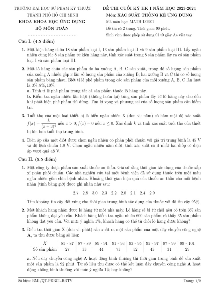 De Thi XSTK HK I 20231213 | PDF