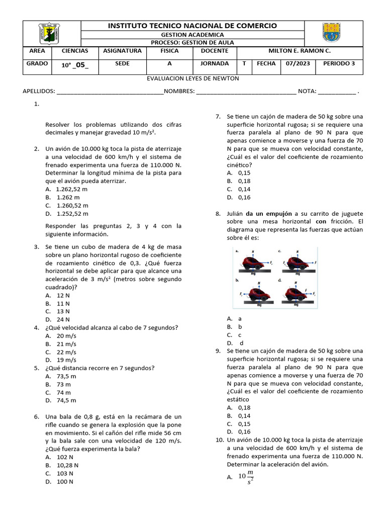Evaluacion Leyes de Newton-1 | PDF | Fuerza | Fricción