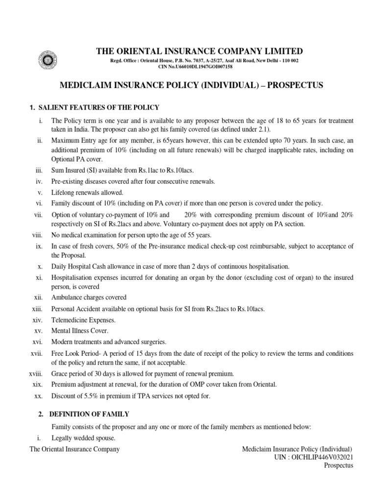 Oriental Individual Mediclaim Policy Guide | PDF | Hospital | Insurance
