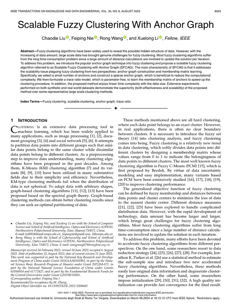 Scalable Fuzzy Clustering With Anchor Graph | PDF | Cluster Analysis | Applied Mathematics