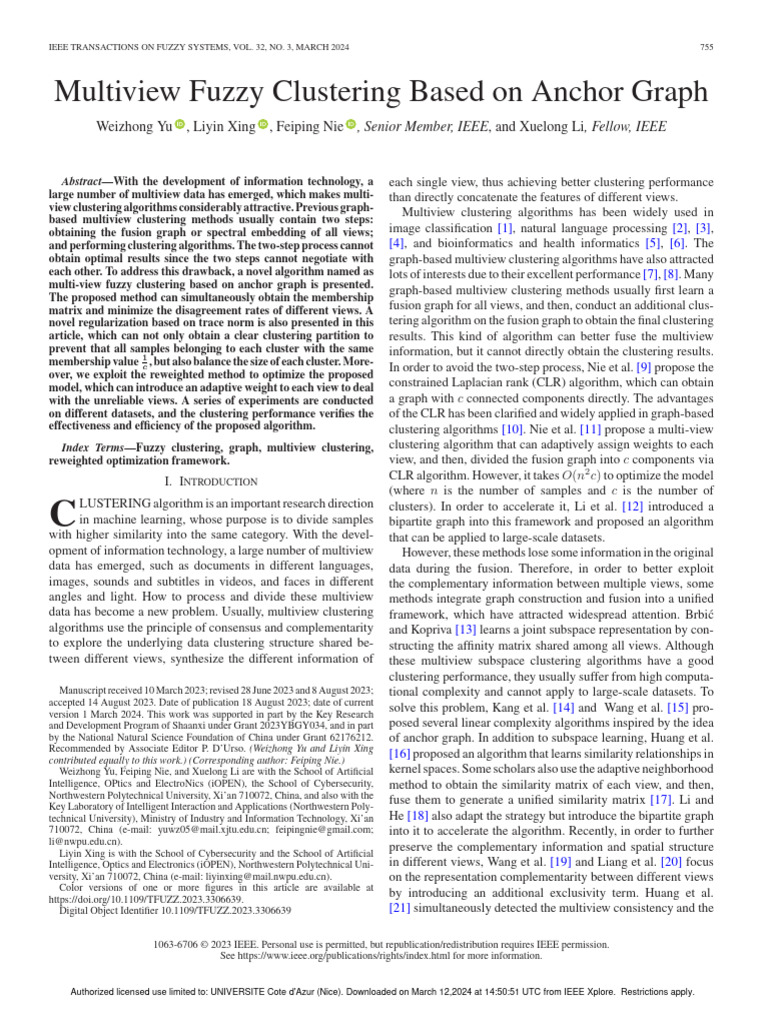 Multiview Fuzzy Clustering Based on Anchor Graph | PDF | Cluster Analysis | Applied Mathematics