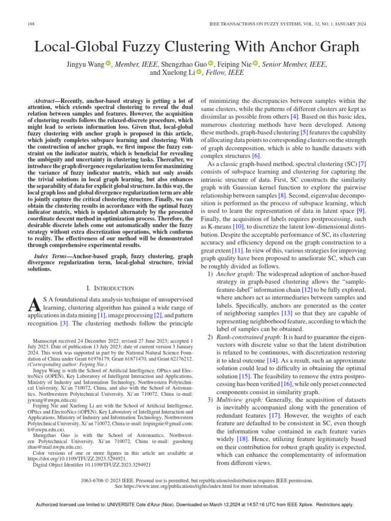 Local-Global Fuzzy Clustering With Anchor Graph | PDF | Cluster Analysis | Matrix (Mathematics)