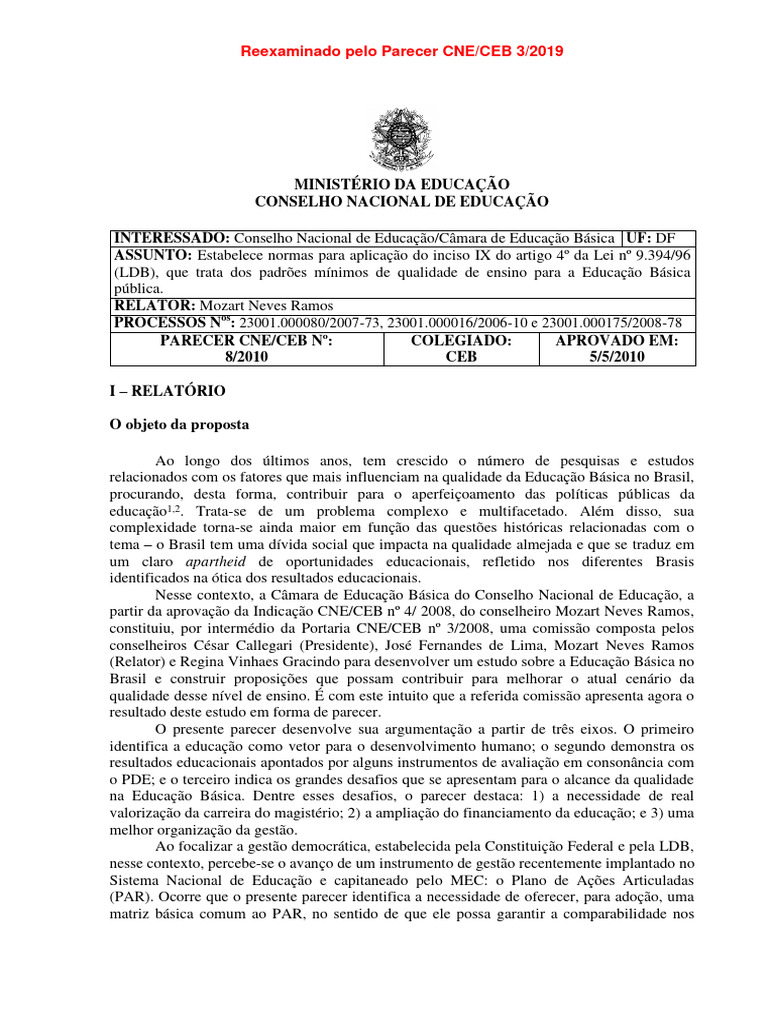 Parecer CNE CEB N08 2010 Estabelece Normas para Aplicação Do Inciso IX ...