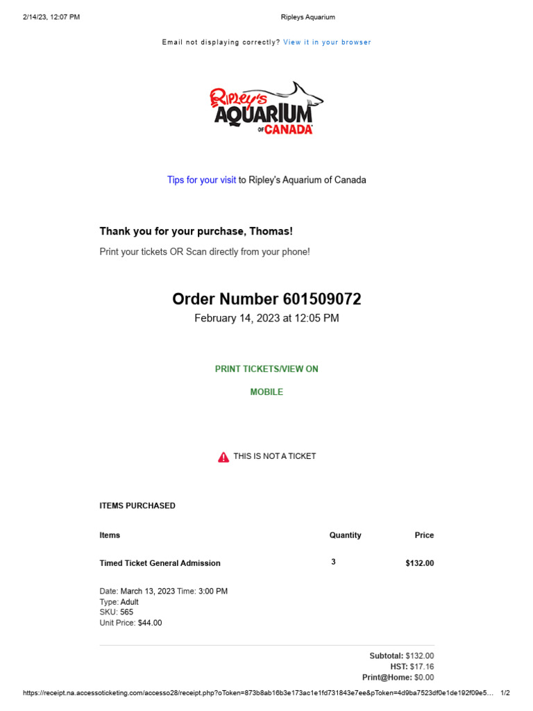 Ripleys Aquarium - Mar13 3pm receipt | PDF | Service Industries