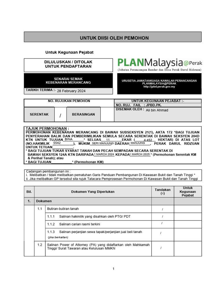 Borang Senarai PLAN Malaysia | PDF