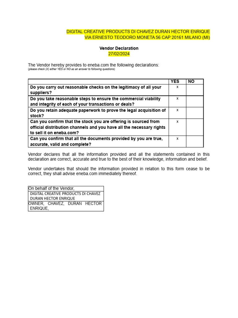 Template Vendors Declaration | PDF | Law