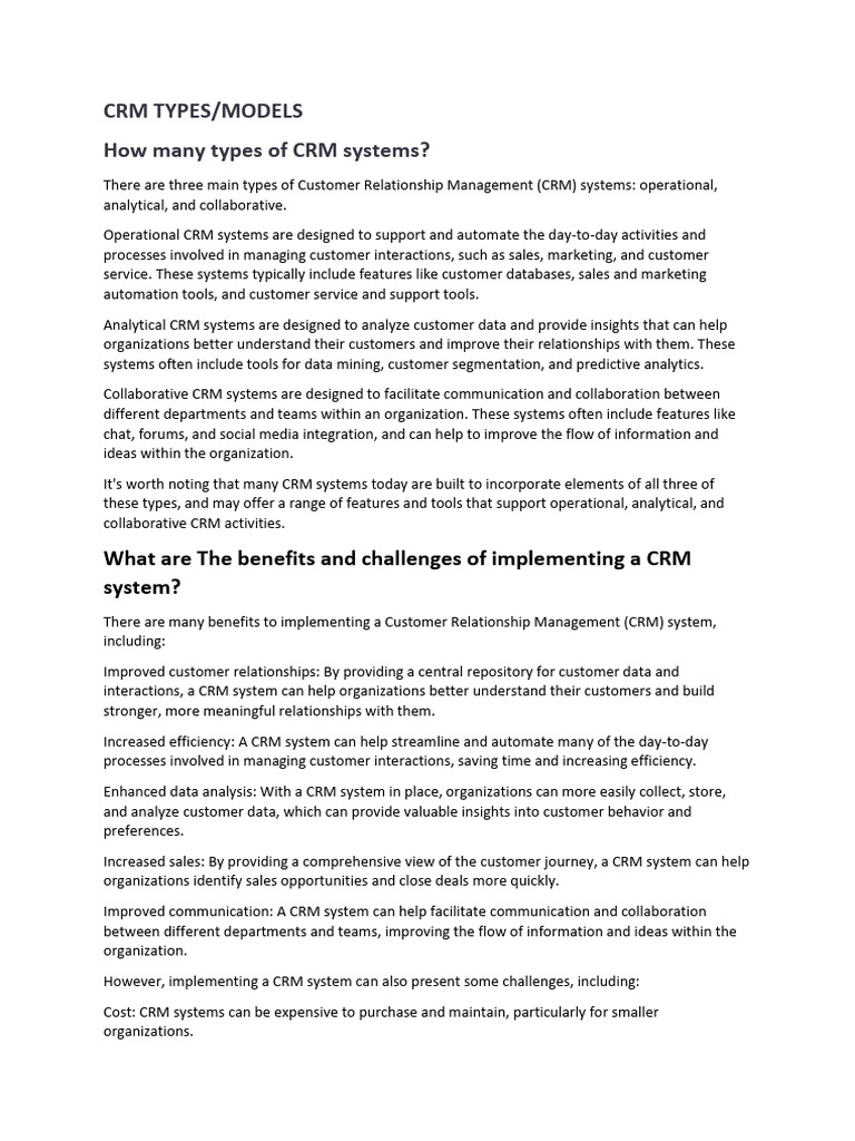 Types and Benefits of CRM Systems | PDF | Customer Relationship ...