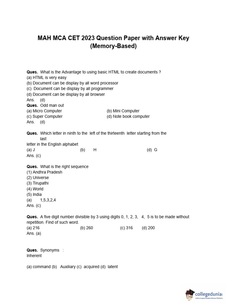 MAH MCA CET 2023 Question Paper PDF | PDF | Dolphin | Human