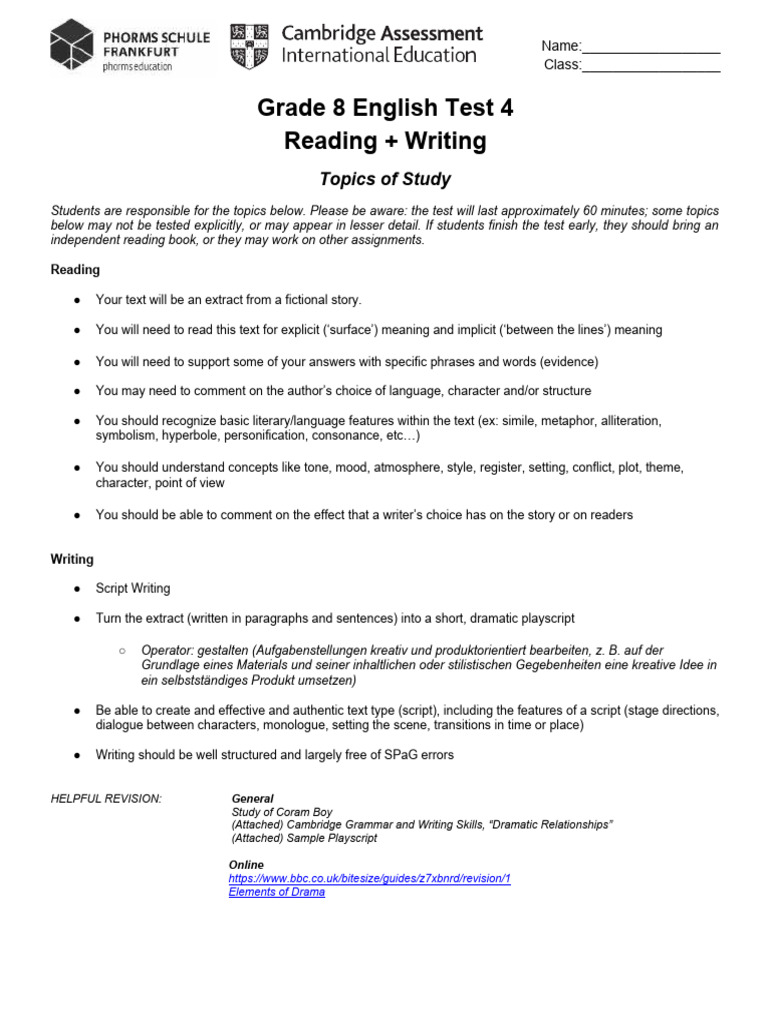 Grade 8, Test 3, 2024 Topics of Study | PDF | Human Communication ...