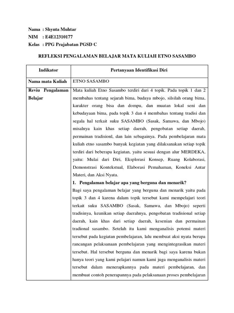 Jurnal Refleksi - Shynta Muhtar - Etno Sasambo | PDF