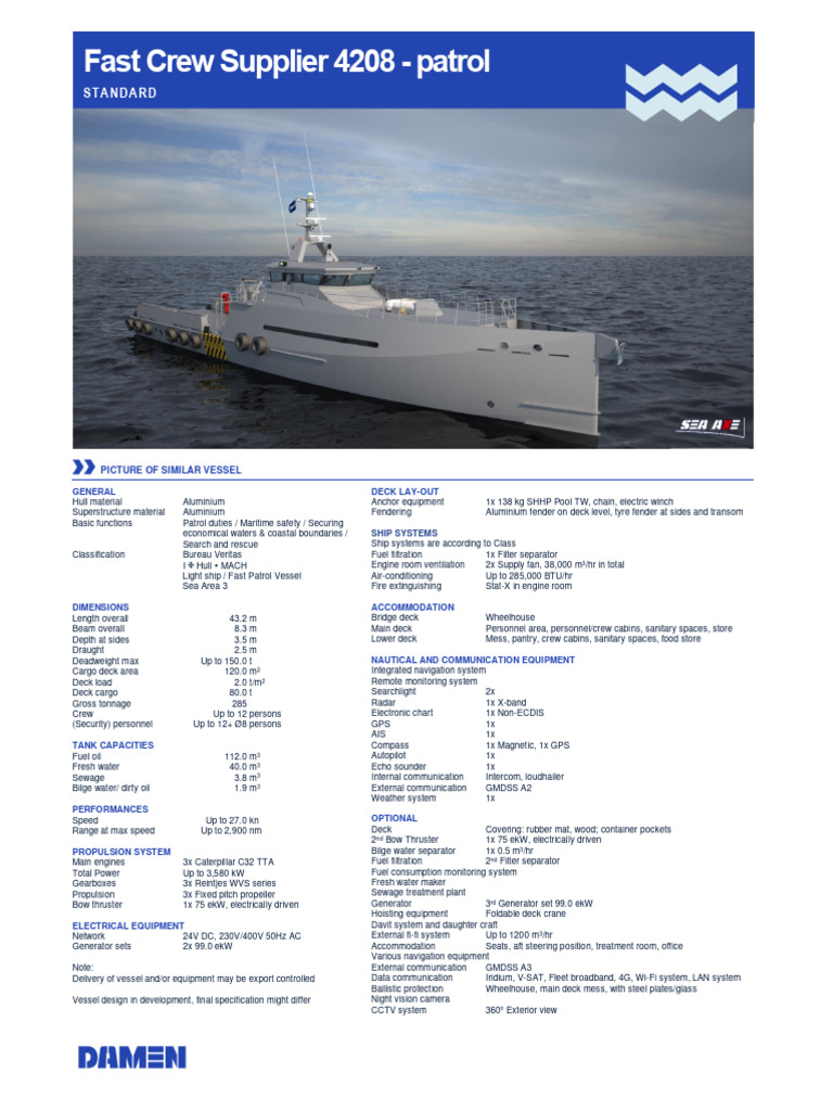 Damen Fast Crew Supplier 4208 Overview | PDF | Ships | Deck (Ship)