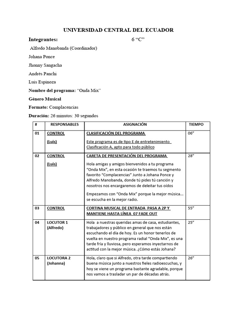 Guion de Radio Sobre Programa Musical | PDF