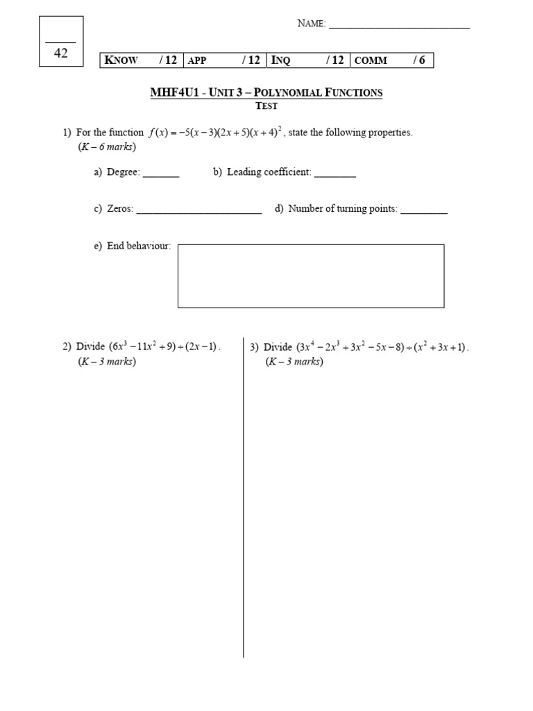 MHF4U Unit 3 Polynomial Functions Test | PDF | Teaching Methods & Materials