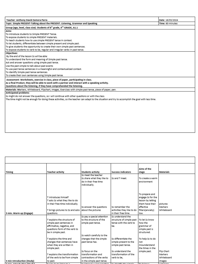 Simple Past - A1.1 8TH Grade | PDF | Grammatical Tense | Question