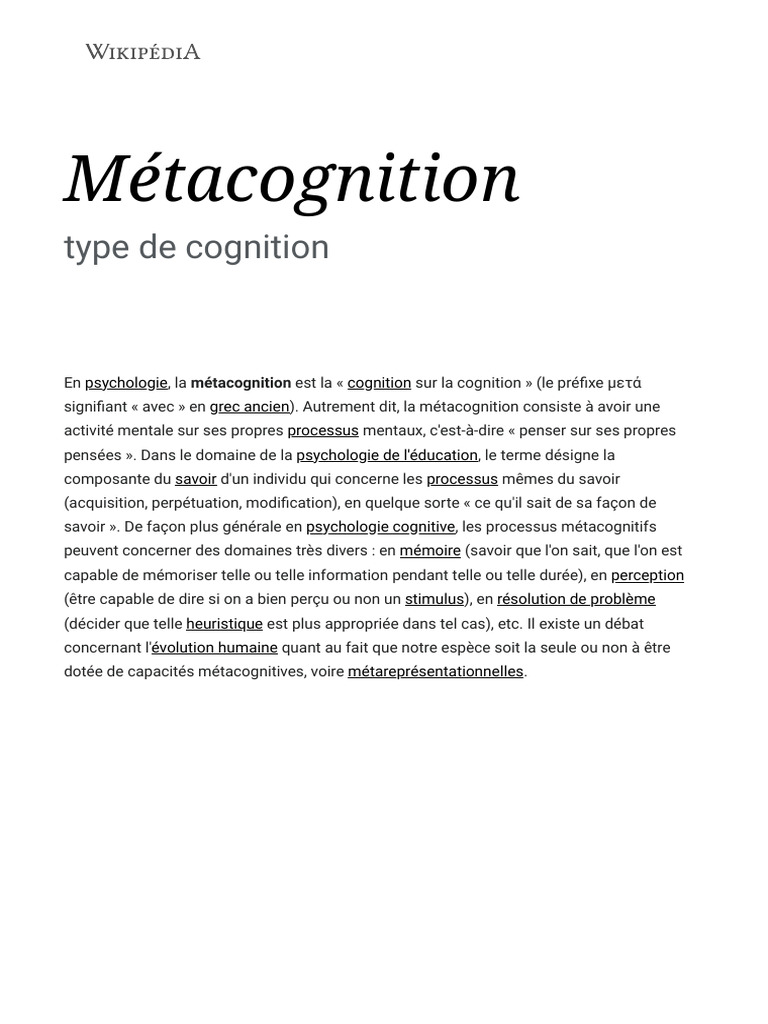 Métacognition - Wikipédia | PDF | Sciences et mathématiques