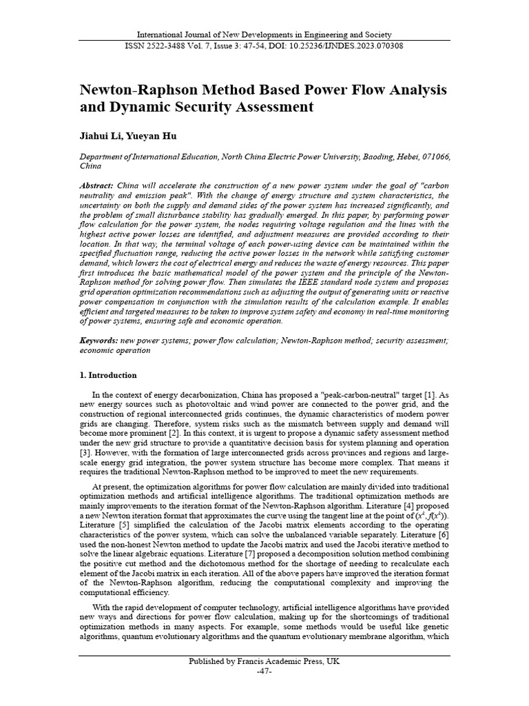 Newton-Raphson Method Based Power Flow Analysis and Dynamic Security Assessment | Download Free ...