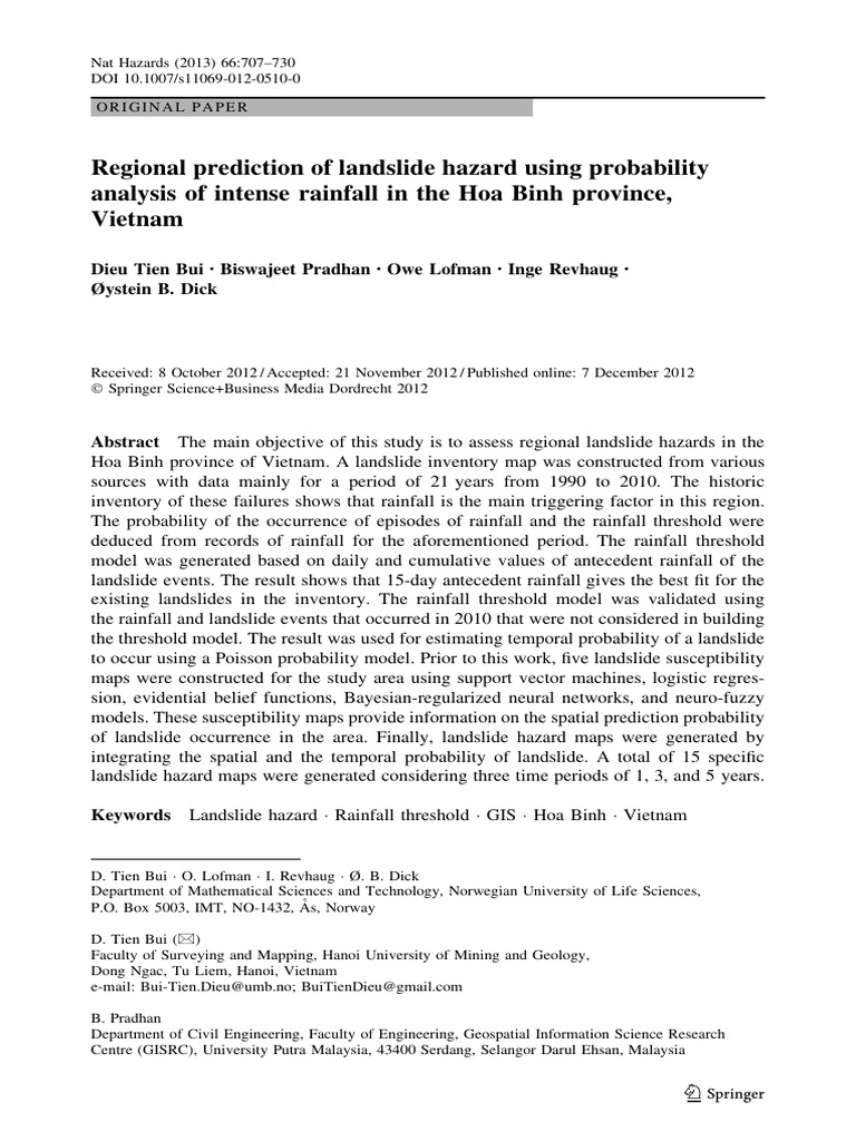 Regional Prediction of Landslide Hazard Using Probability Analysis of Intense Rainfall in The ...