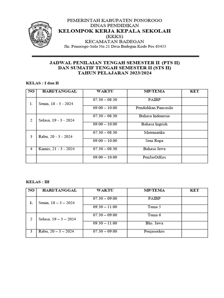 Jadwal PTS-STS 2 Pat KLS Vi 2023 - 2024 | PDF