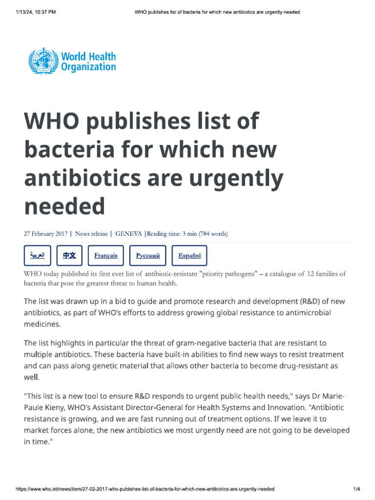World Health Organization (WHO), Antibiotic-Resistant "Priority ...