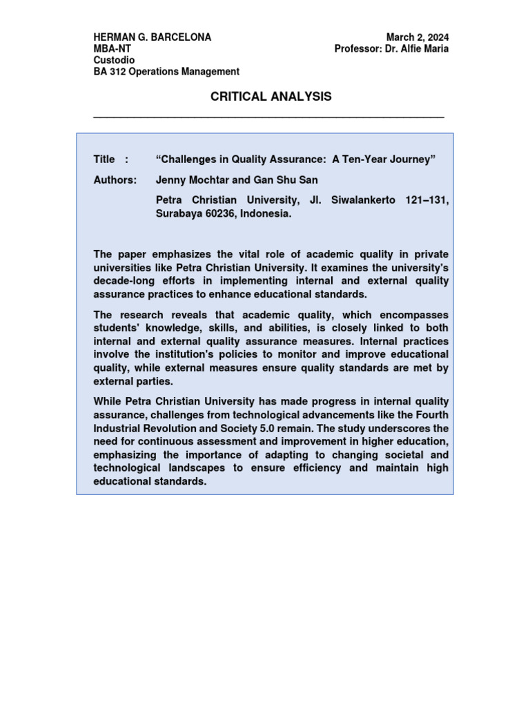 BARCELONA - CRITICAL ANALYSIS - Challenges in Quality Assurance A Ten ...