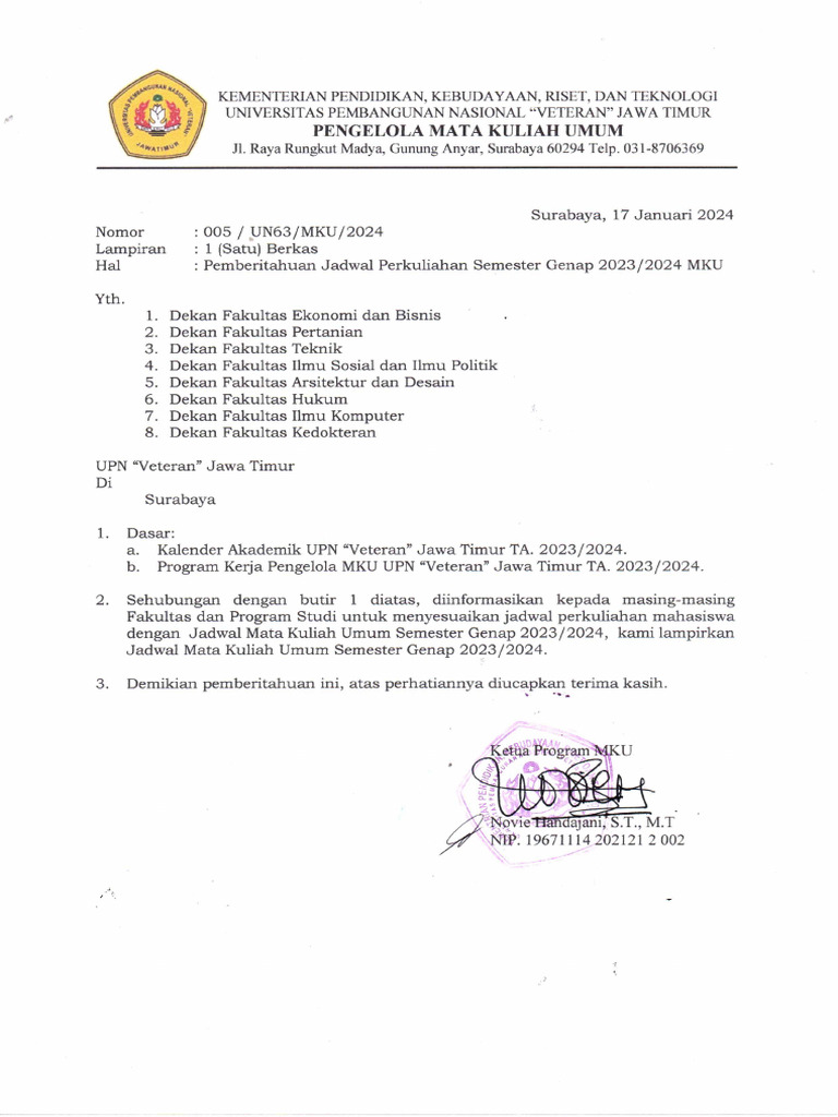 005 Pemberitahuan Jadwal MKU Semester Genap 2024 | PDF