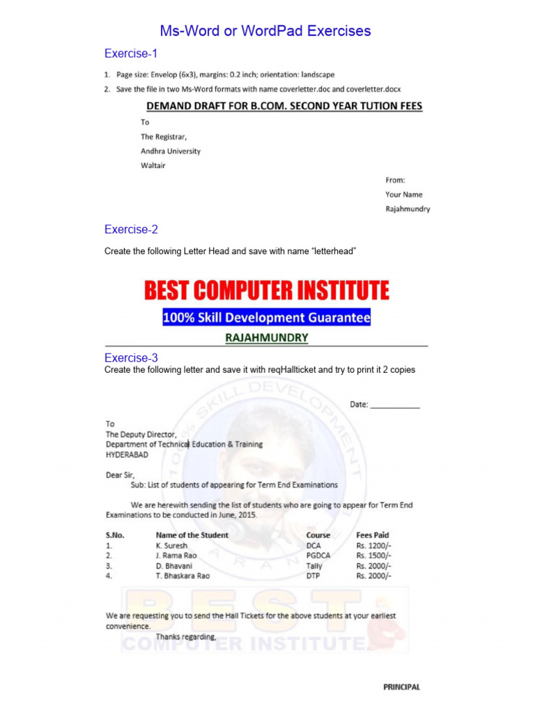 Word Exercises - Best Computer Institute | PDF