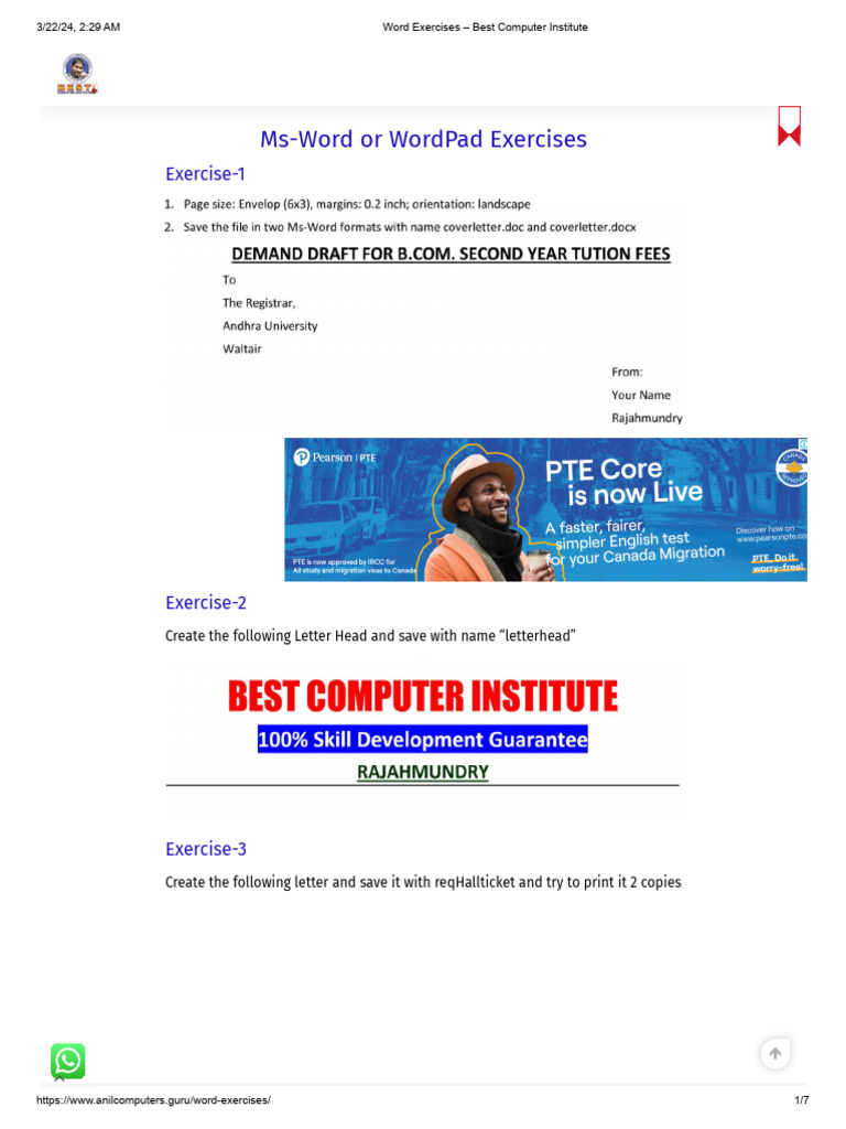 Word Exercises - Best Computer Institute | PDF