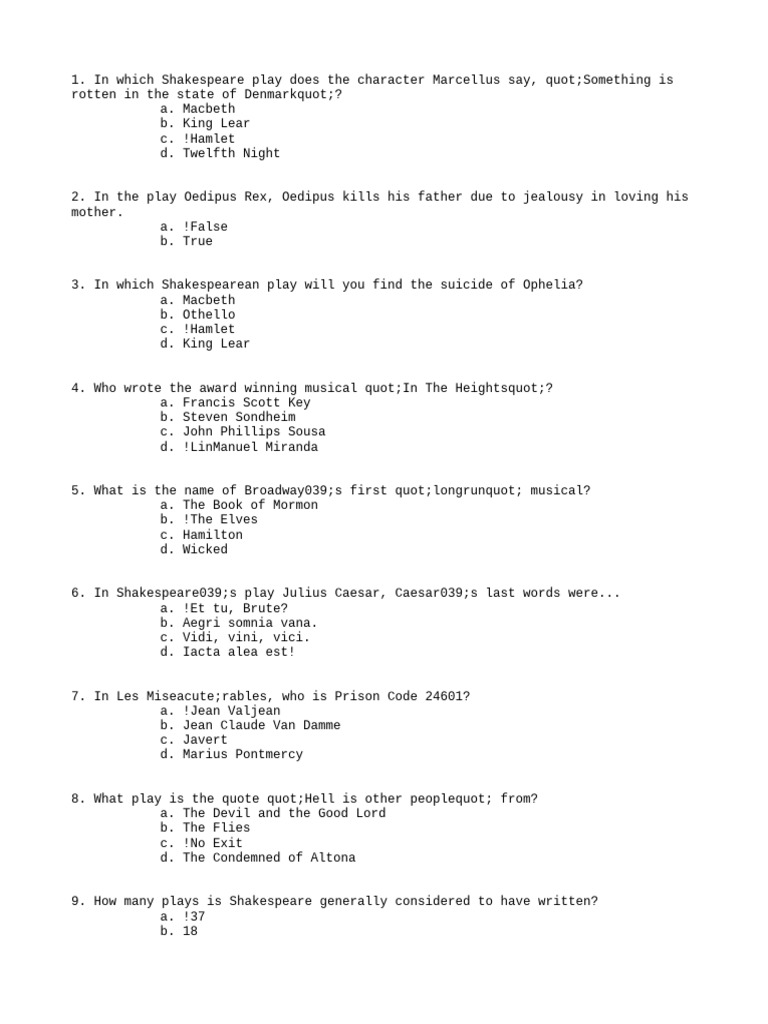 Shakespeare and Broadway Quiz Questions | PDF | Homo | William Shakespeare