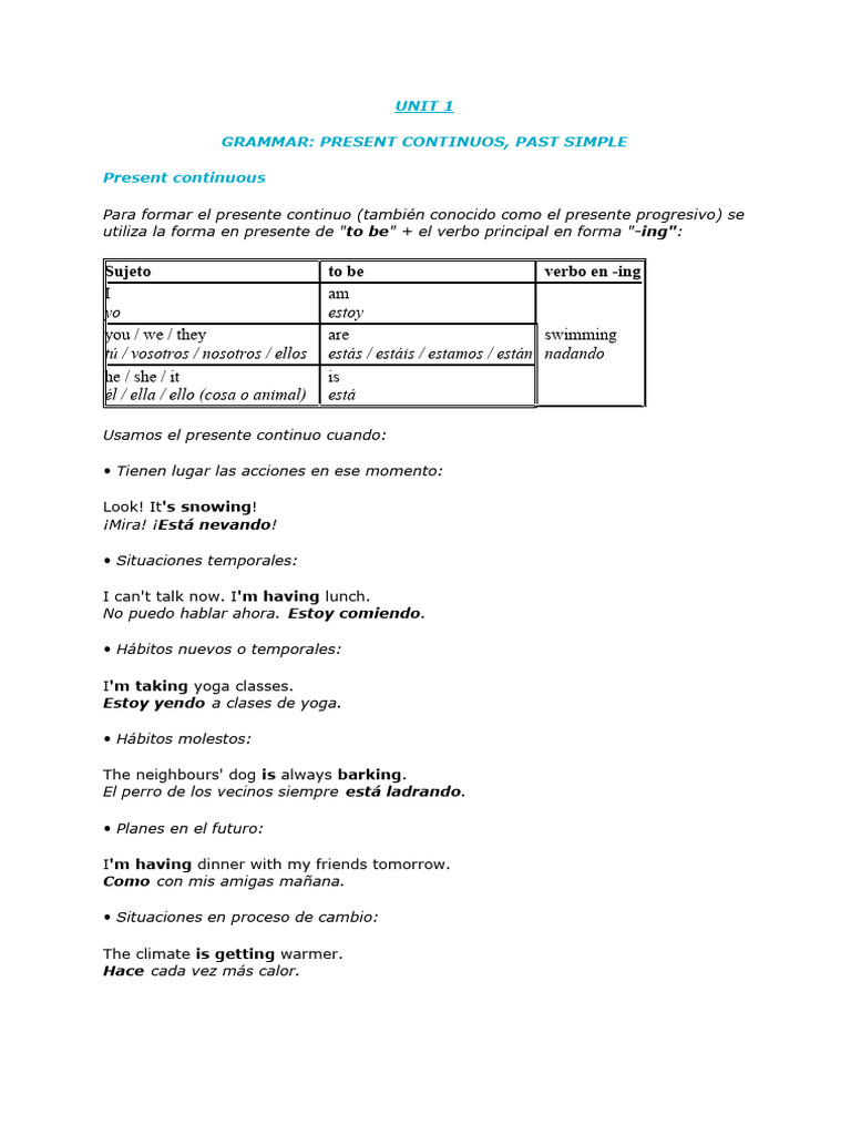 GRAMMAR B1 Present Continuos y Past Simple | PDF | Unidades Semánticas ...