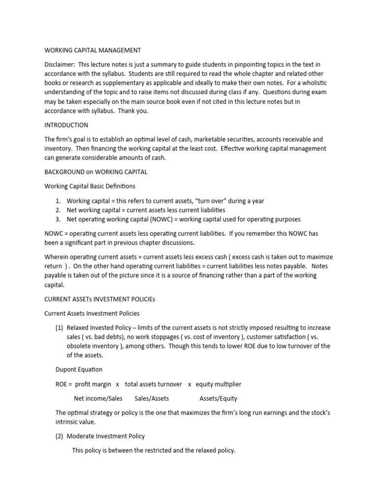 Working Capital Management | PDF | Loans | Interest