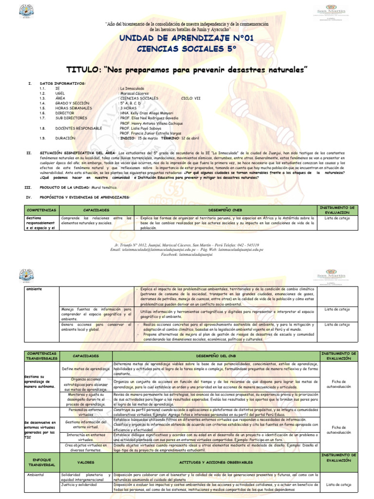 CCSS 5° Unidad de Aprendizaje 01 | PDF | Aprendizaje | Entorno natural