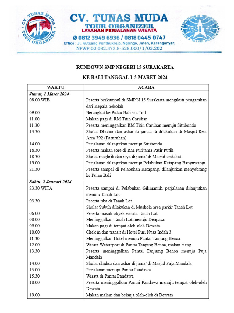 Rundown Study Tour SMPN 15 Surakarta | PDF