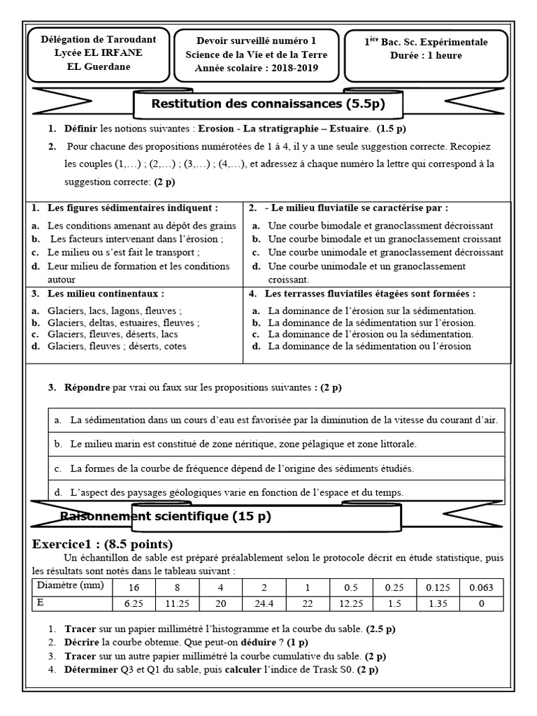 Devoir N1 Semestre 1 SVT 1er Bac Sciences Word Modele 8 | PDF