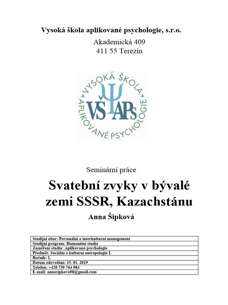 Šipková Anna, Sociální A Kulturní Antropologie I, Zvyky V Bývalých ...