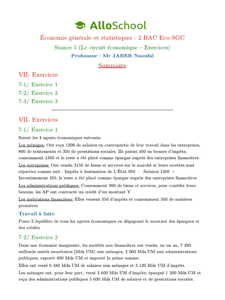 Seance 5 Le Circuit Economique Exercices | PDF