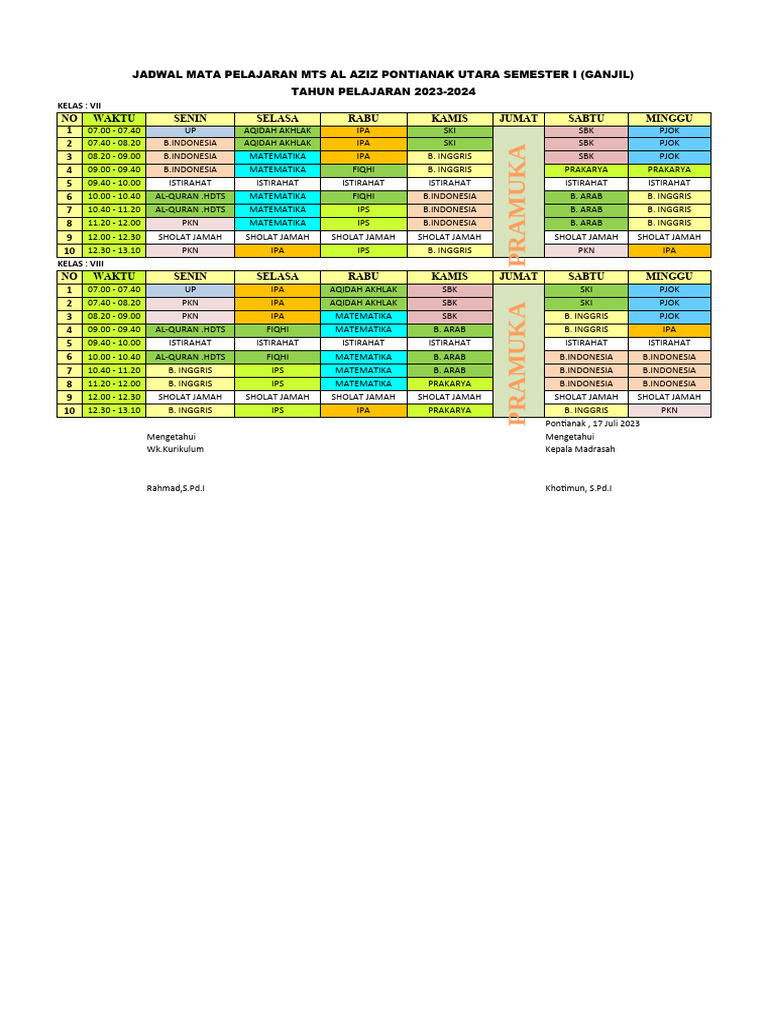 Jadwal Pelajaran Mts 2023-2024 | PDF