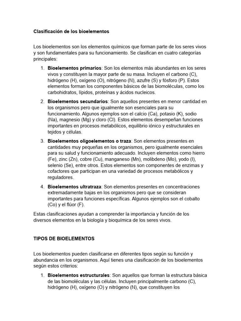 Tipos o Clasificacion de Bioelementos | PDF | Elementos químicos | Organismos
