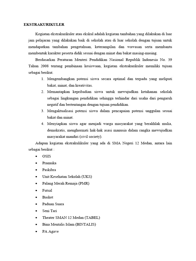 Kegiatan Ekstrakurikuler di SMA N 12 Medan | PDF | Pengembangan Diri ...